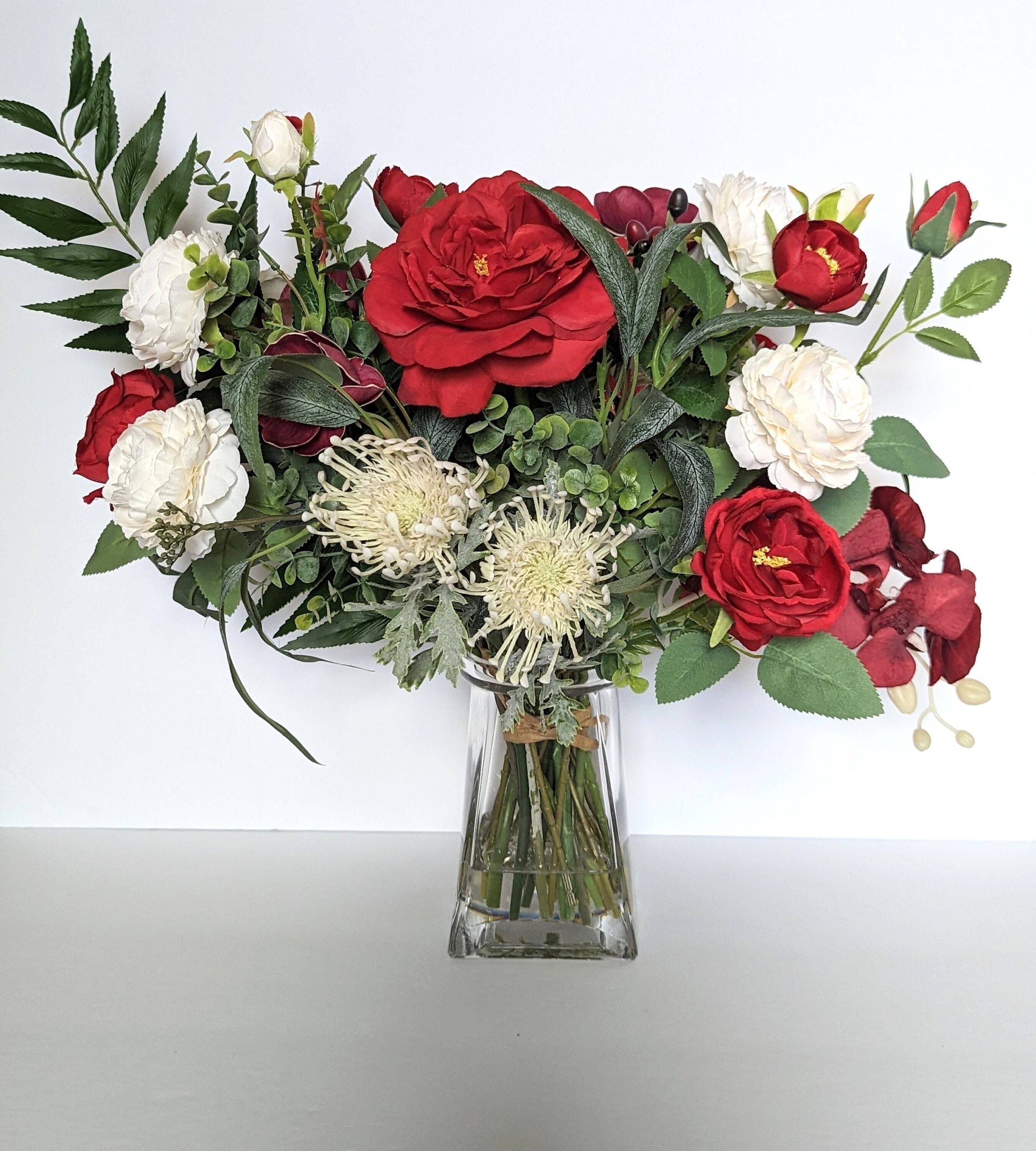 Red Rose Silk Floral Arrangement, Red Ivory Flowers in Faux Water ...