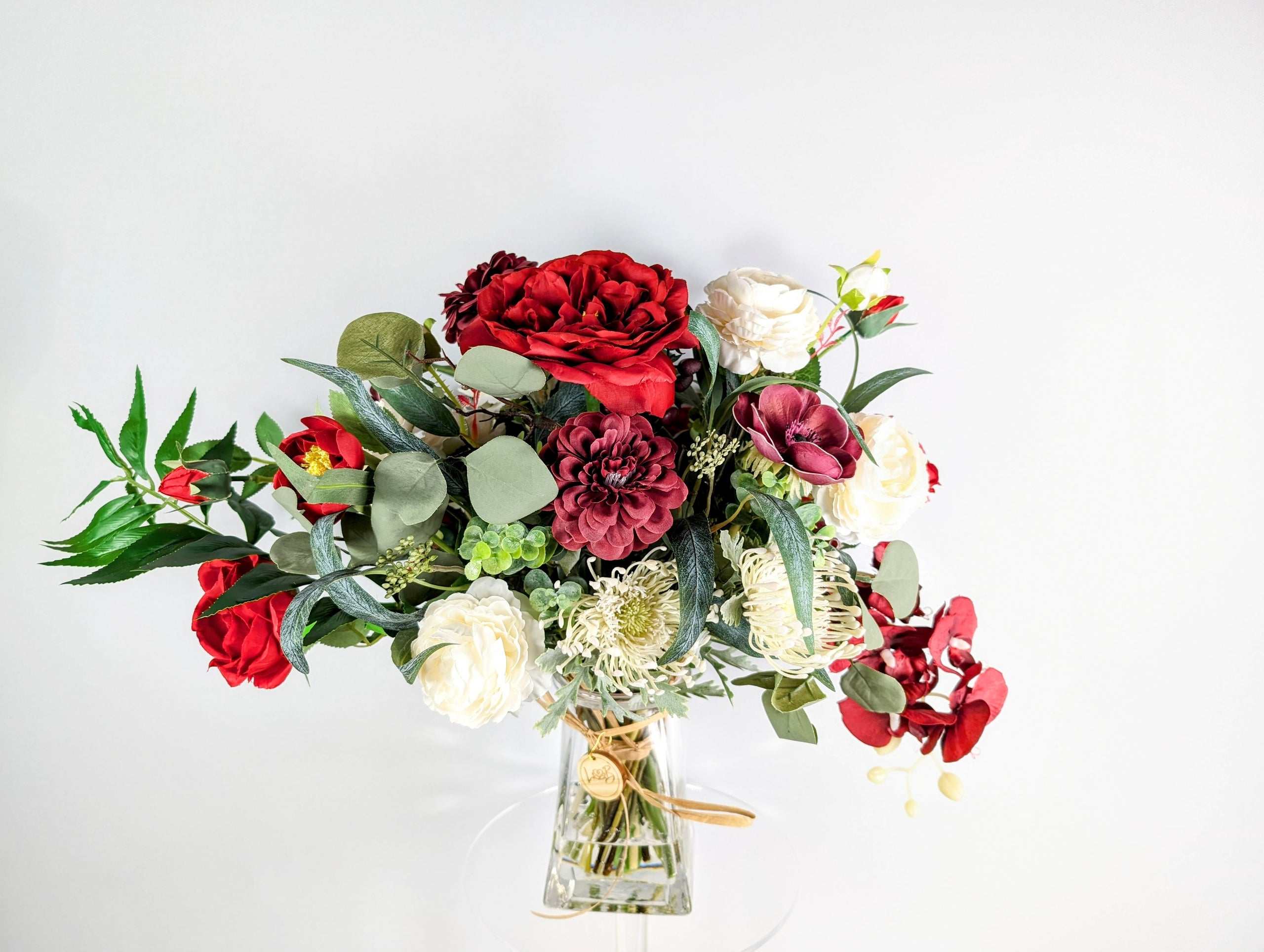 Red Rose Silk Floral Arrangement, Red Ivory Flowers in Faux Water ...
