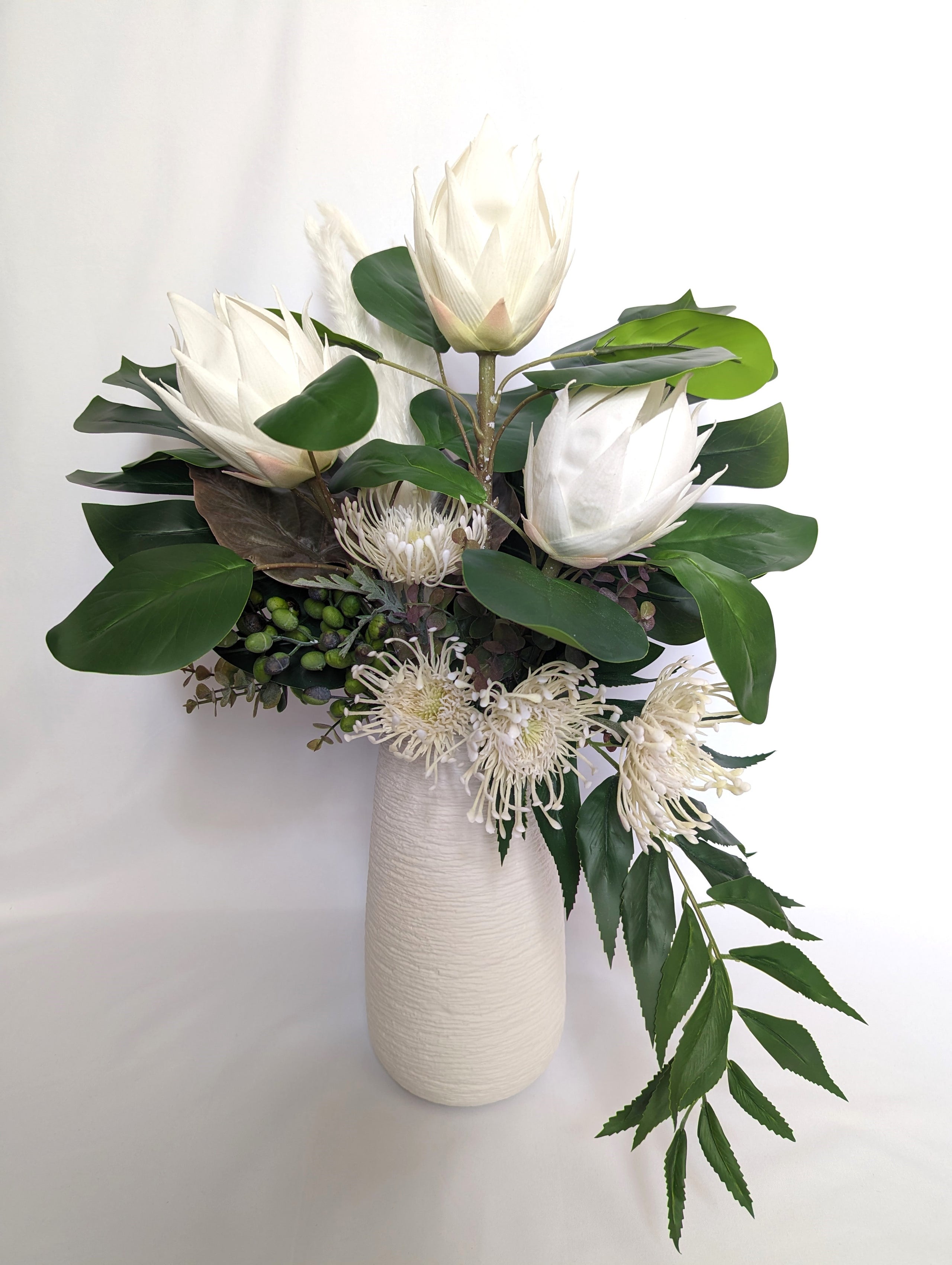 White Protea Arrangement in White Ceramic Vase 22